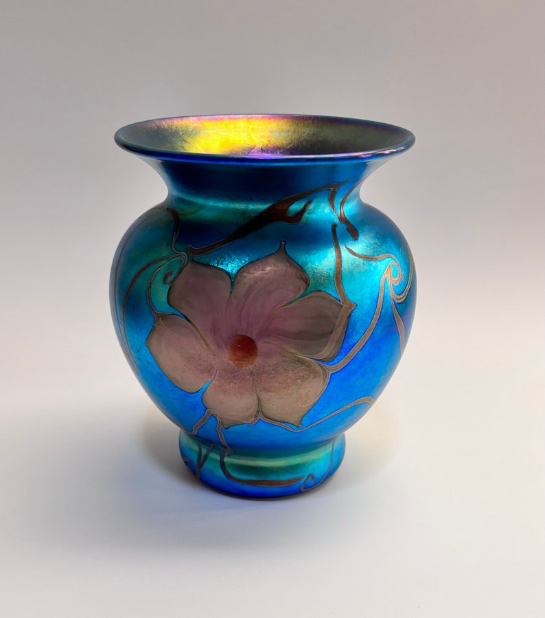 Vandermark Studios Blue Aurene Floral Glass Vase - Etsy
