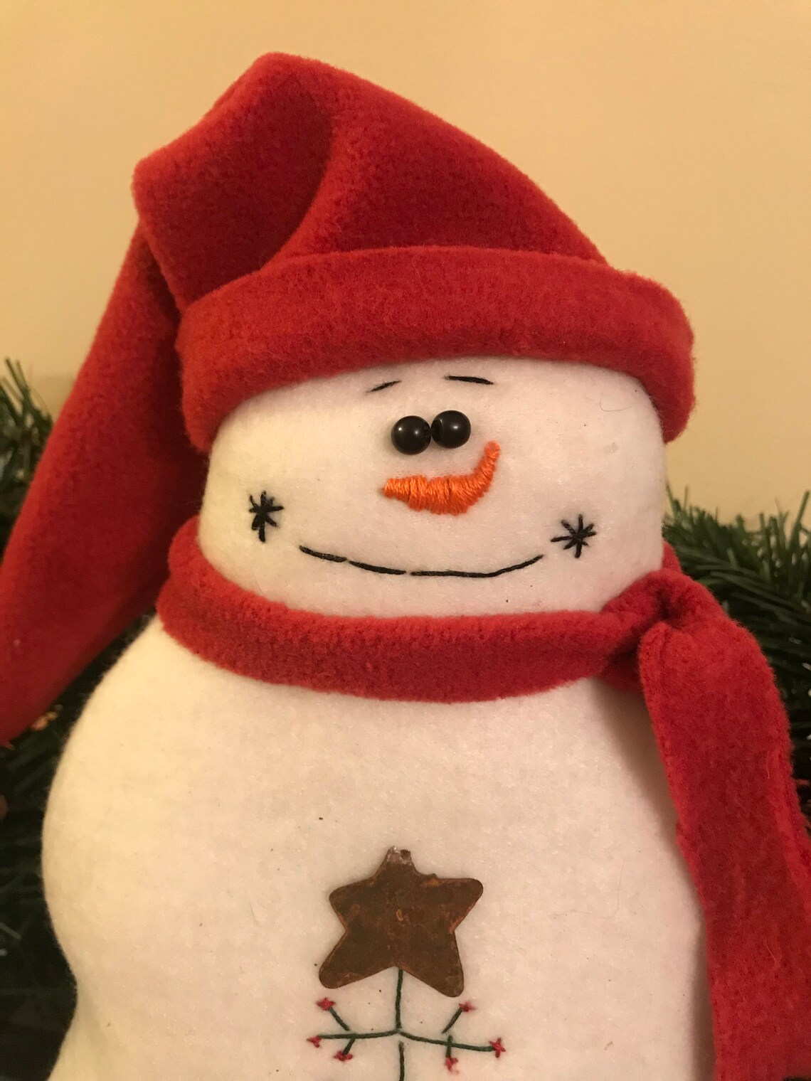 Primitive Snowman With Stitched Tree and Rusty Star, Handmade Snowman ...