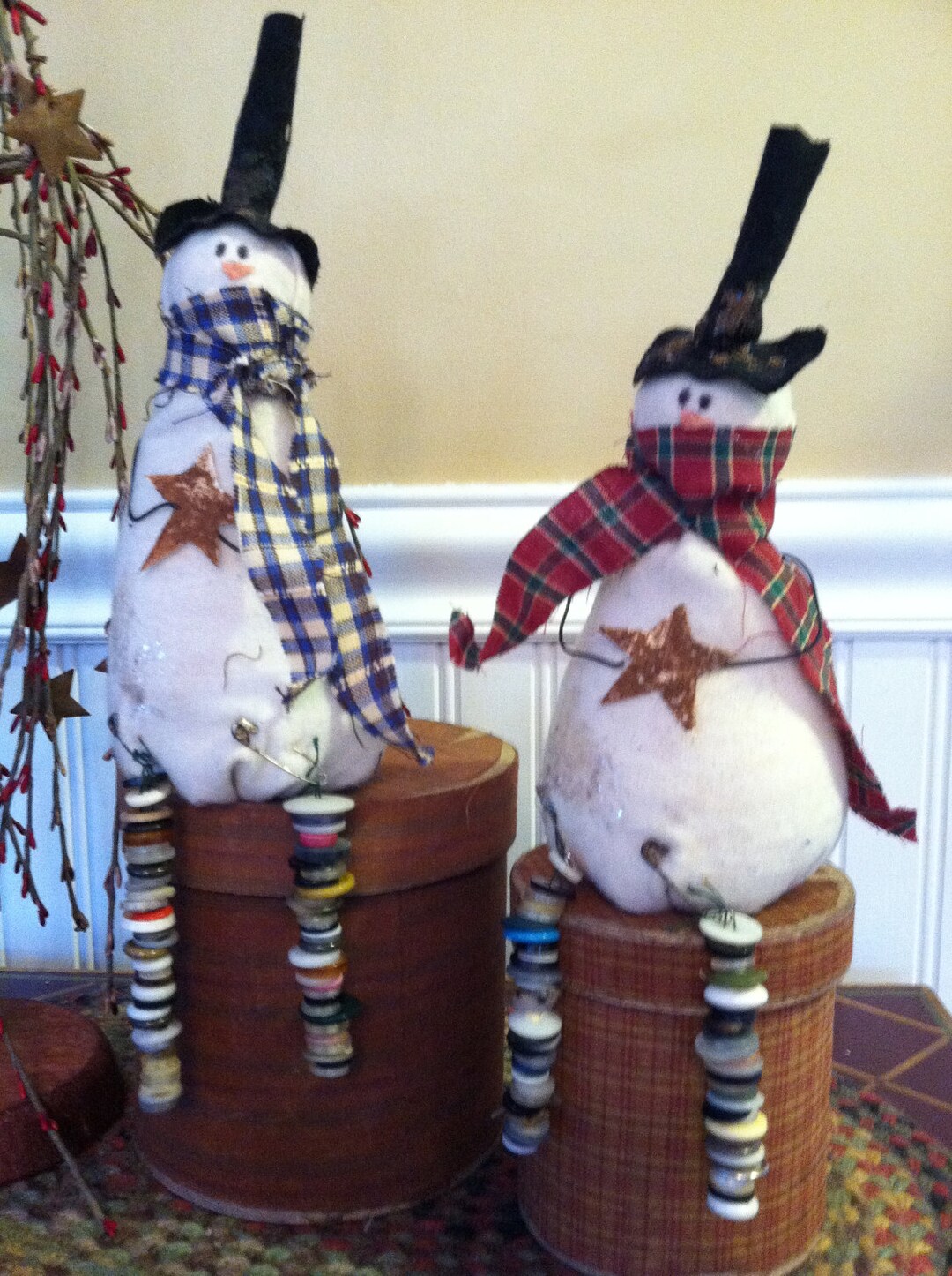 Primitive Sitting Snowman With Button Dangle Legs Holding a Cinnamon ...
