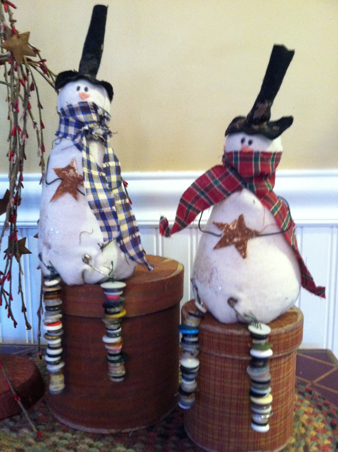 Primitive Sitting Snowman With Button Dangle Legs Holding a Cinnamon ...