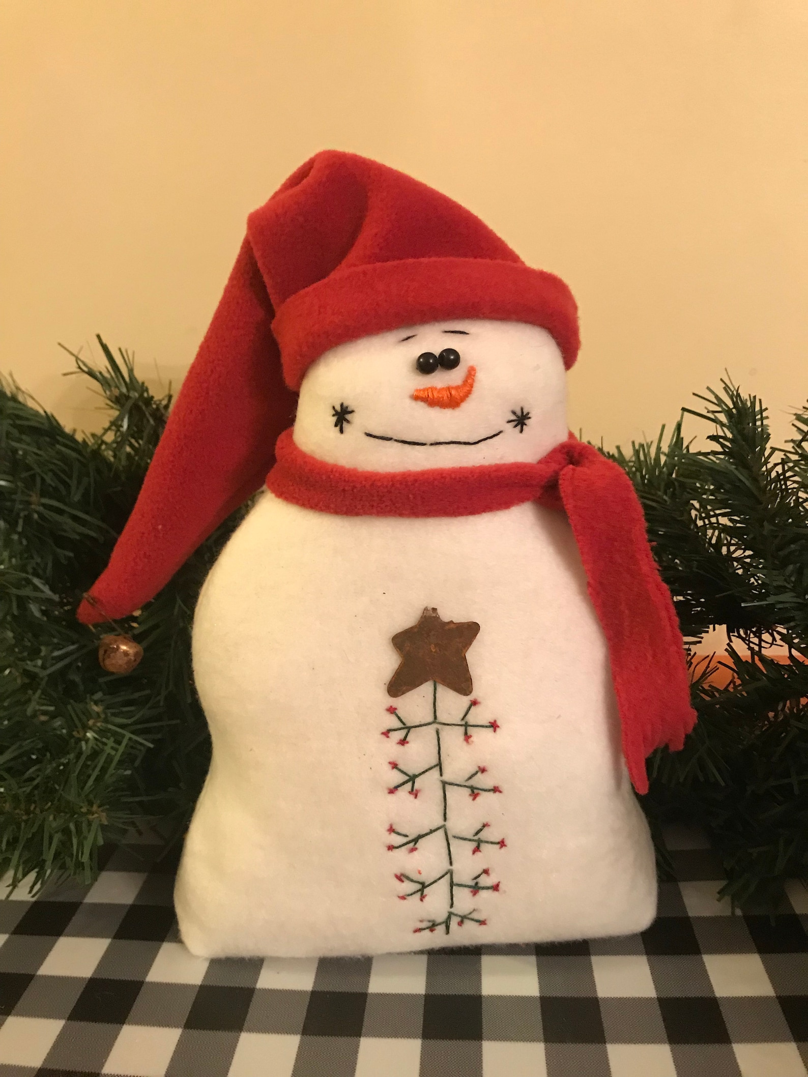 Primitive Snowman With Stitched Tree and Rusty Star, Handmade Snowman ...