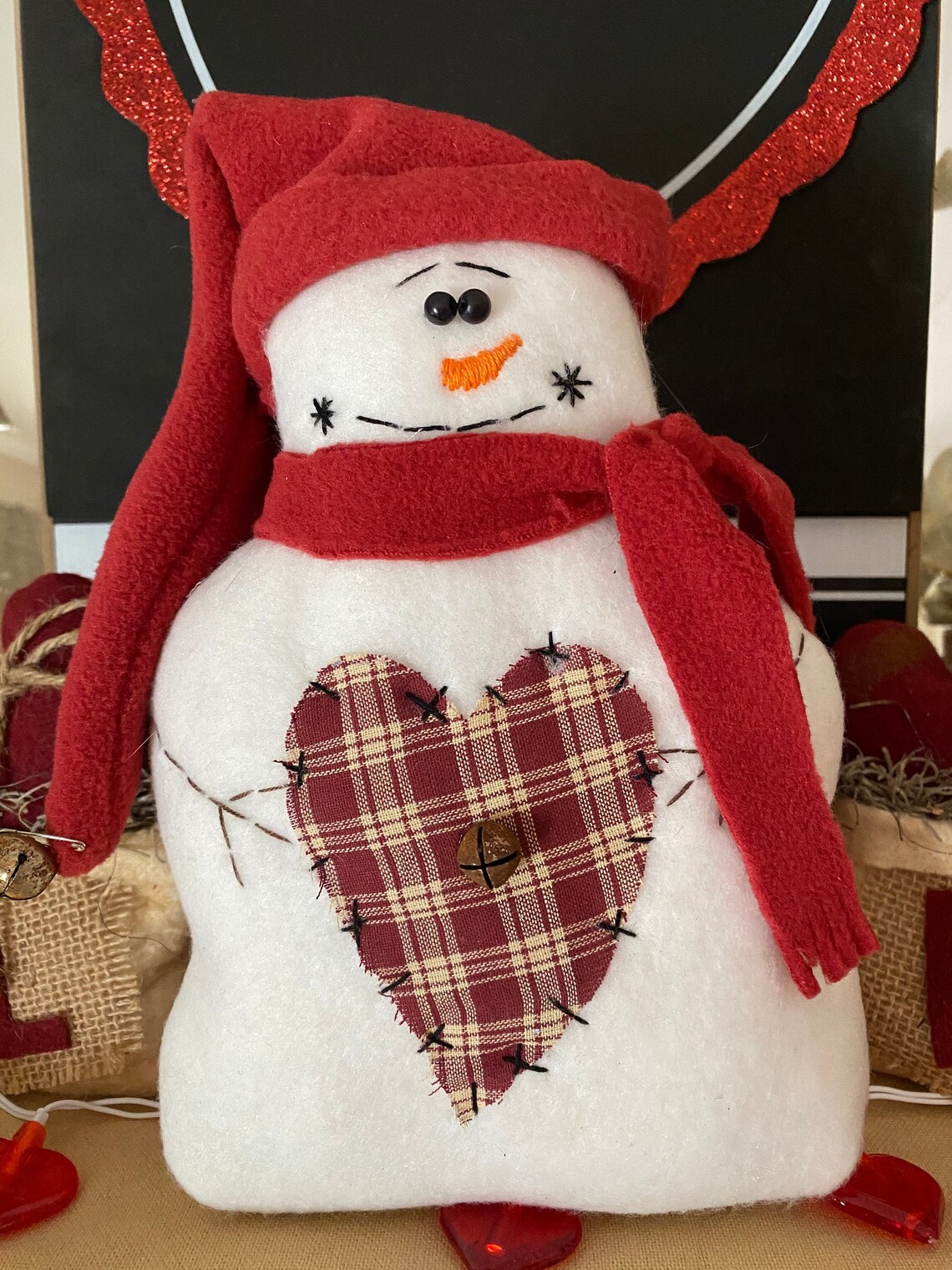 Primitive Snowman With Stitched Hands and Heart With Rusty Bell ...