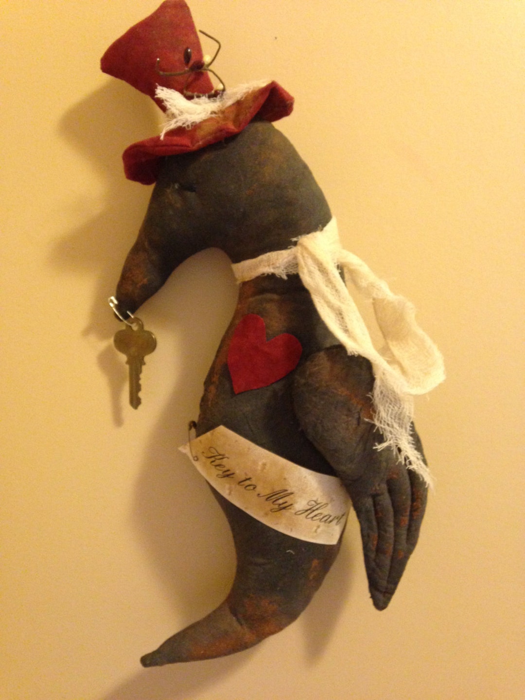 Handmade Primitive Valentine Crow Key to My Heart Anitque Key Wall or ...