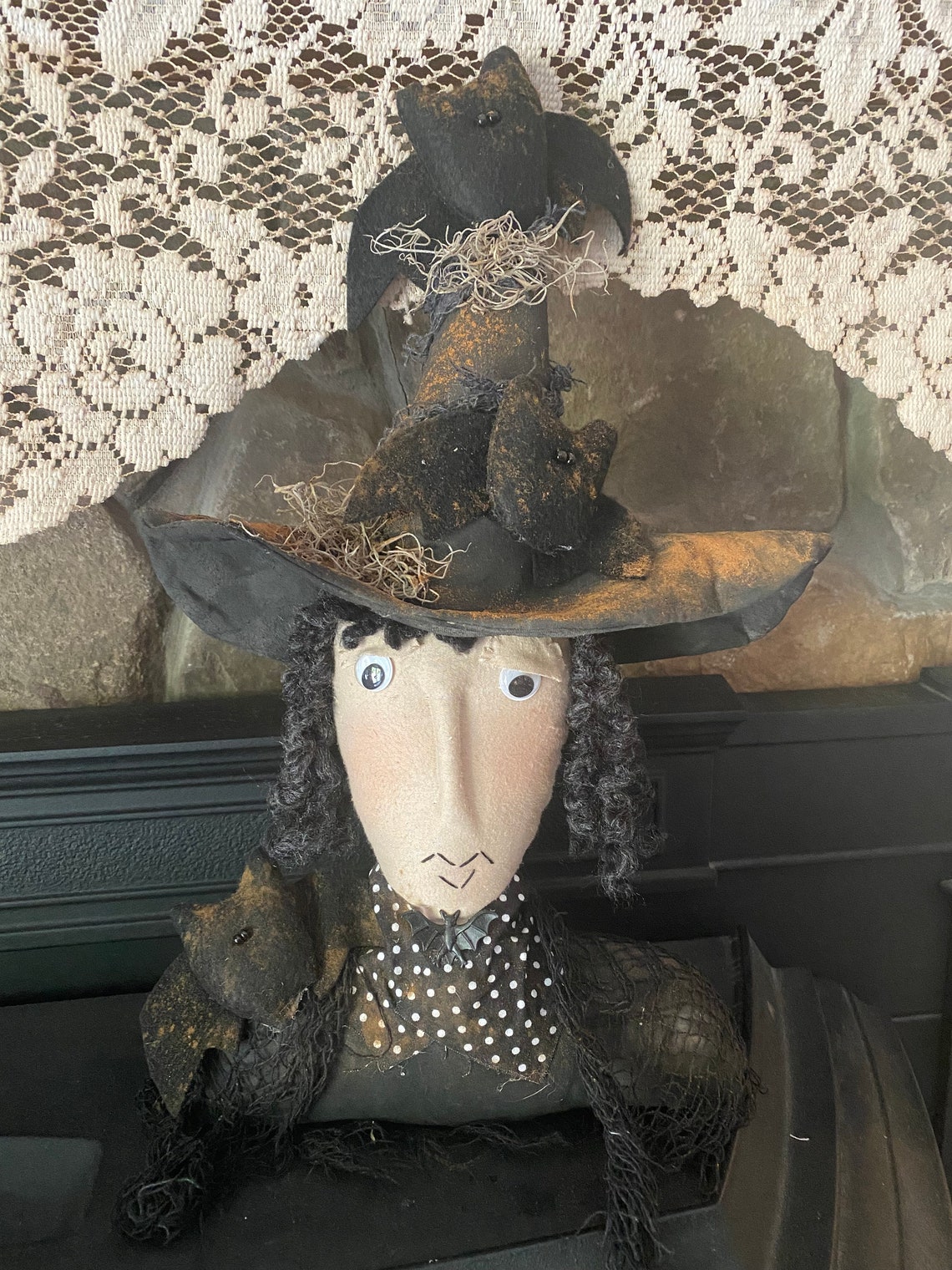 Primitive Halloween Witch Head Bust With Bats and Shawl - Etsy