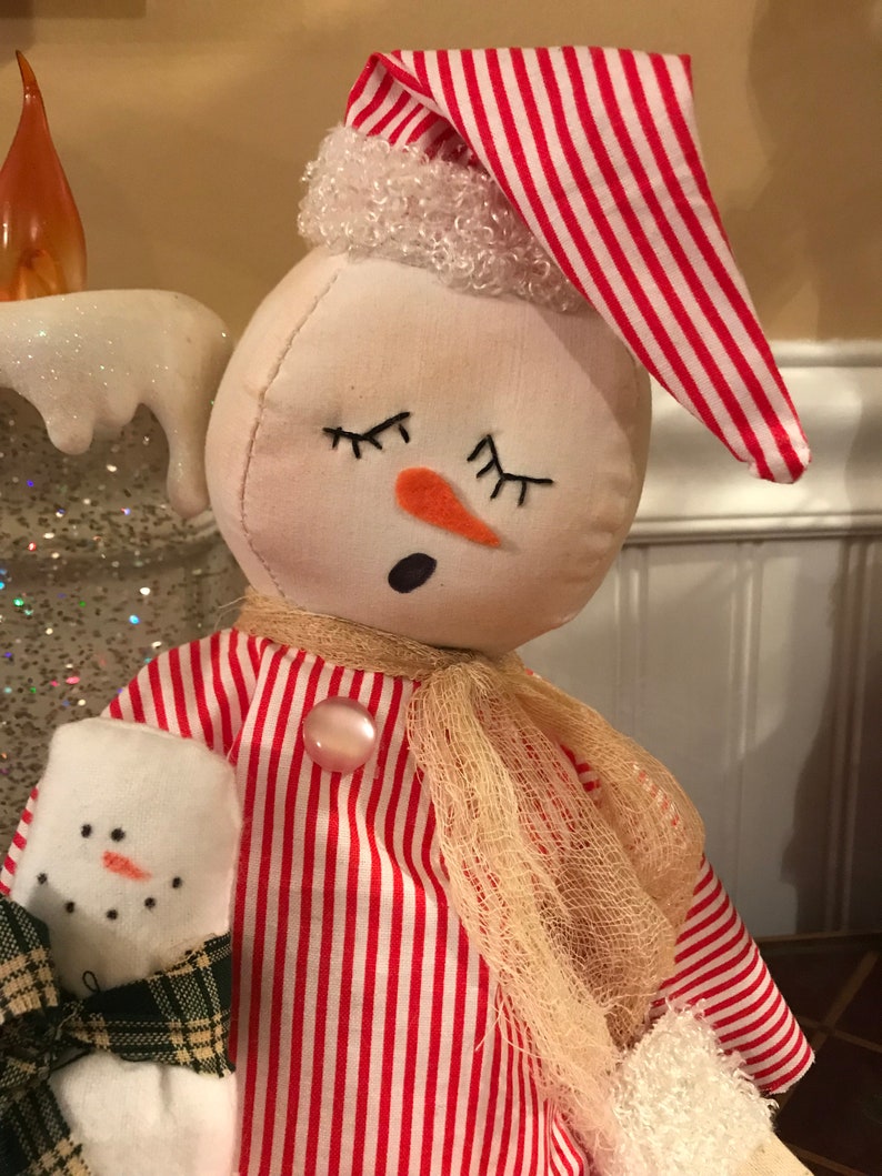 Primitive Sleeping Snowman With Doll and Stocking, Handmade Snowman ...