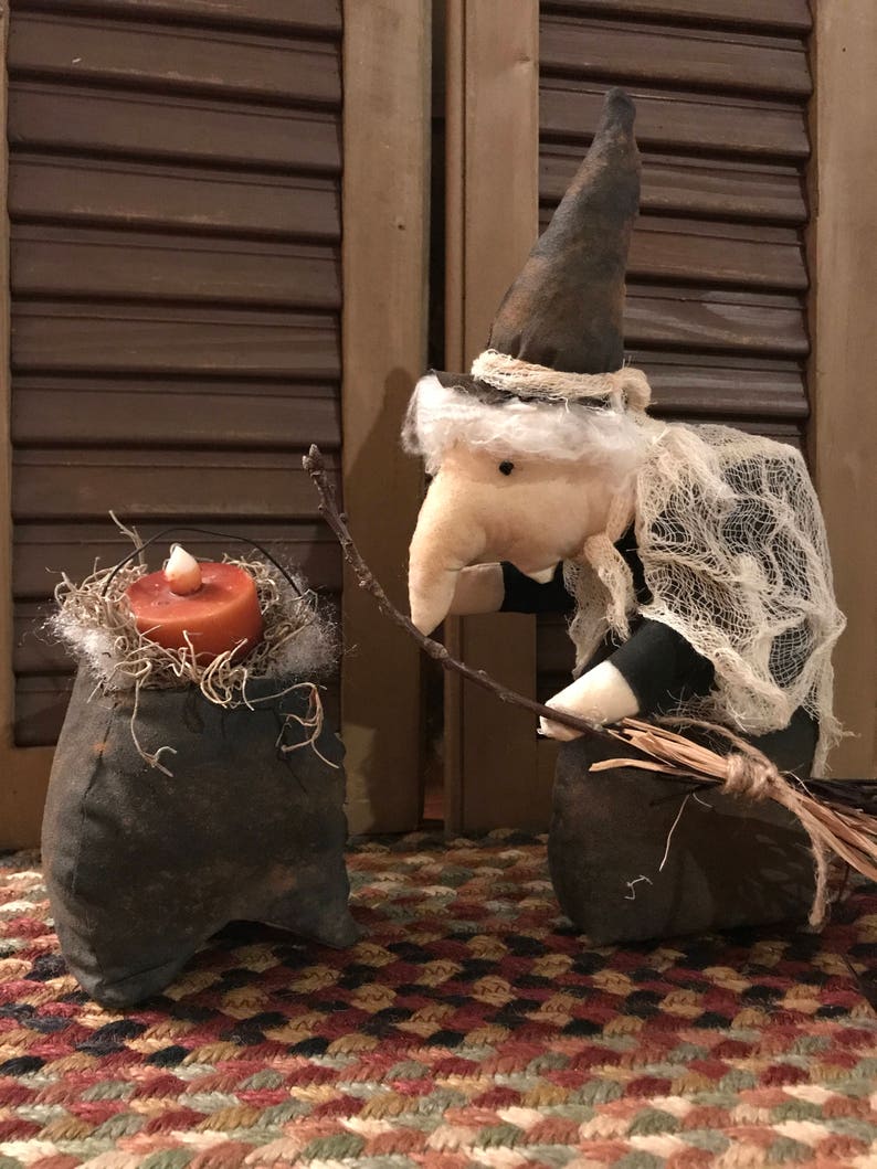 Primitive Witch Doll With Cauldron, Battery Operated Tealight, Handmade ...