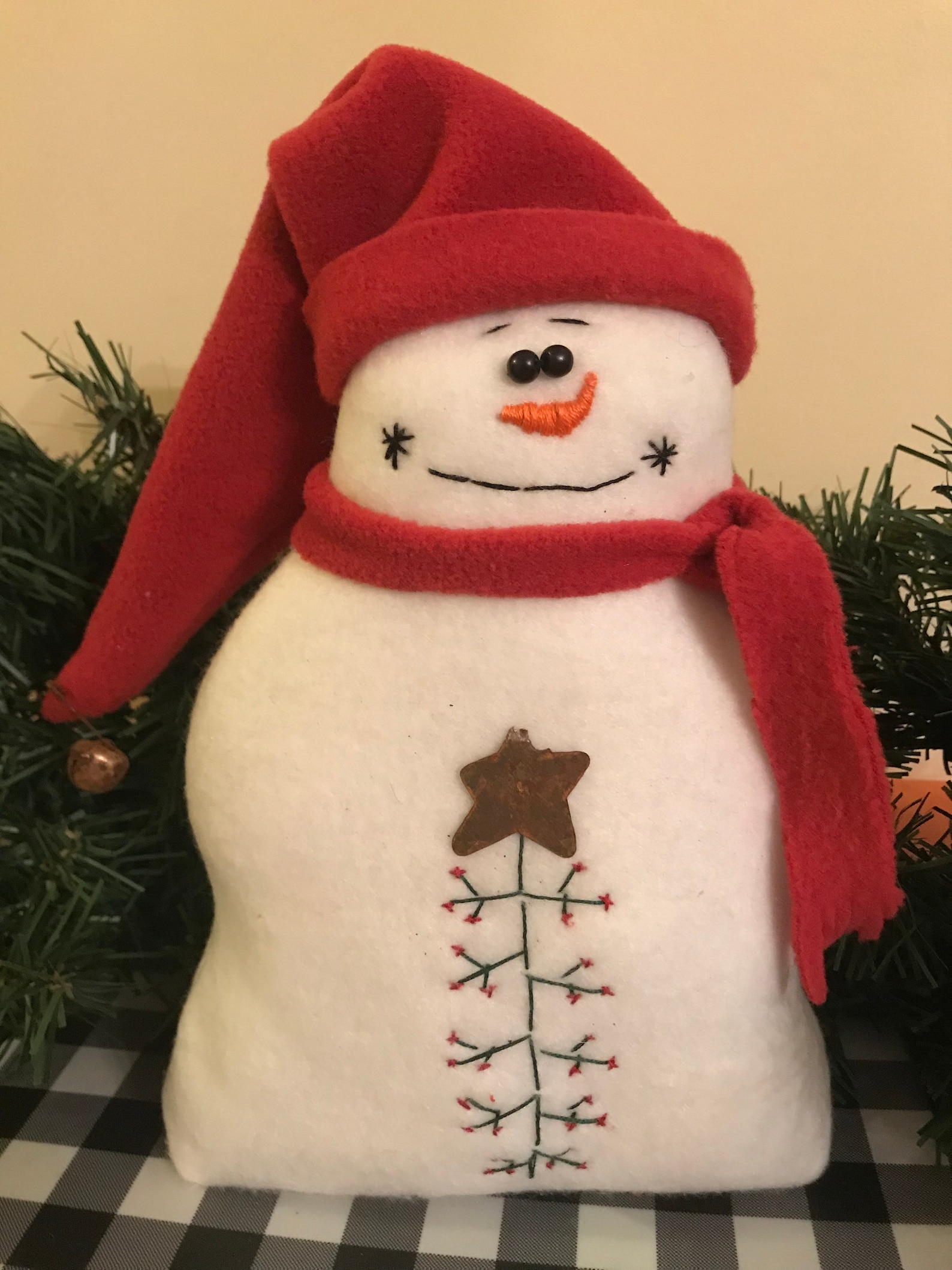 Primitive Snowman With Stitched Tree and Rusty Star, Handmade Snowman ...