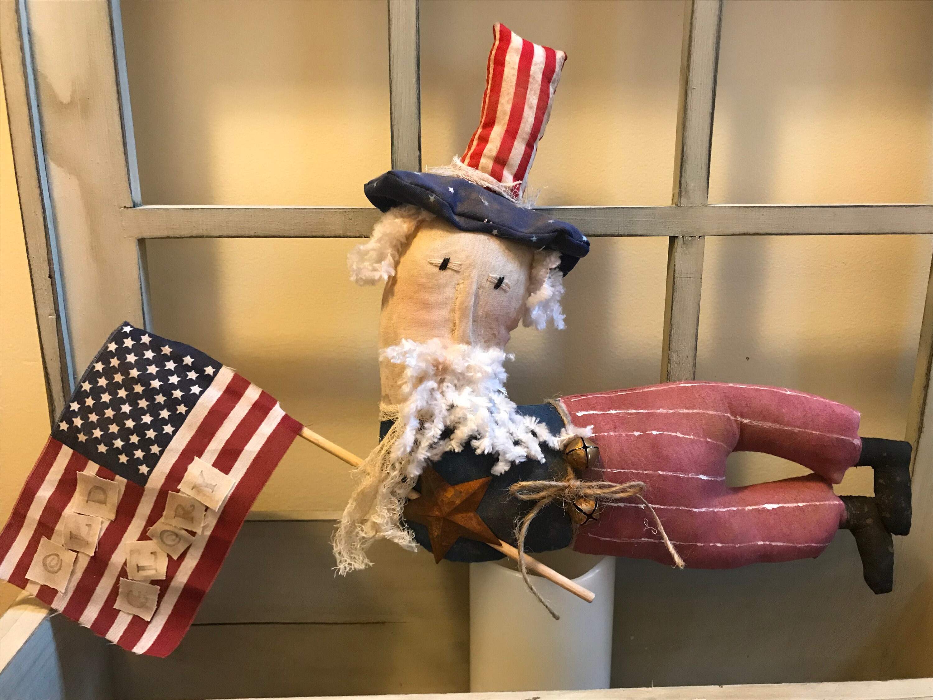 Primitive Americana Uncle Sam Flying With Flag, Handmade Uncle Sam ...