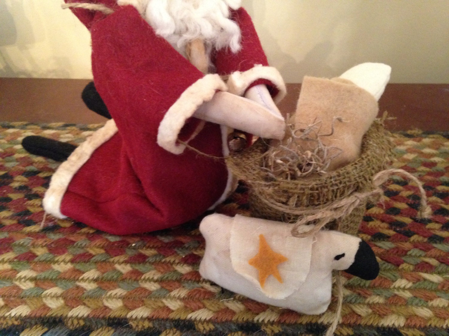 Primitive Christmas Nativity Santa With Baby Jesus and Sheep Shelf ...