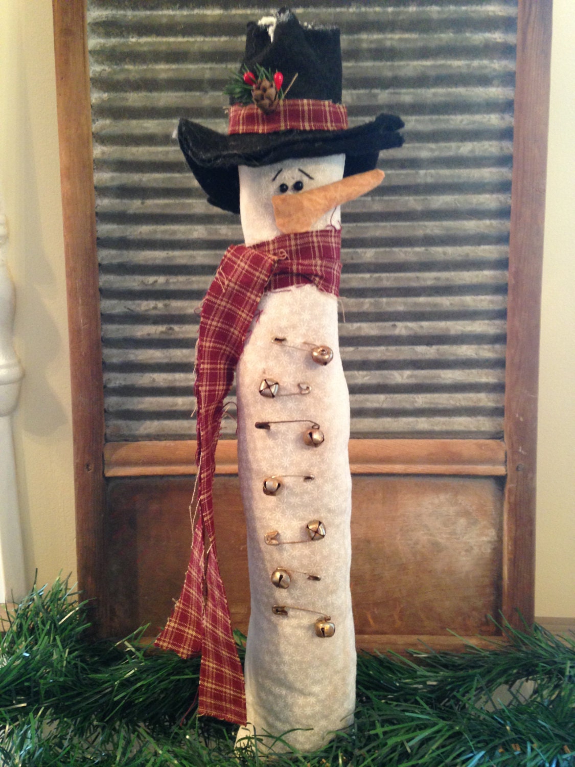 Primitive Tall Thin Winter Snowman With Rusty Bells and Safety Pins - Etsy
