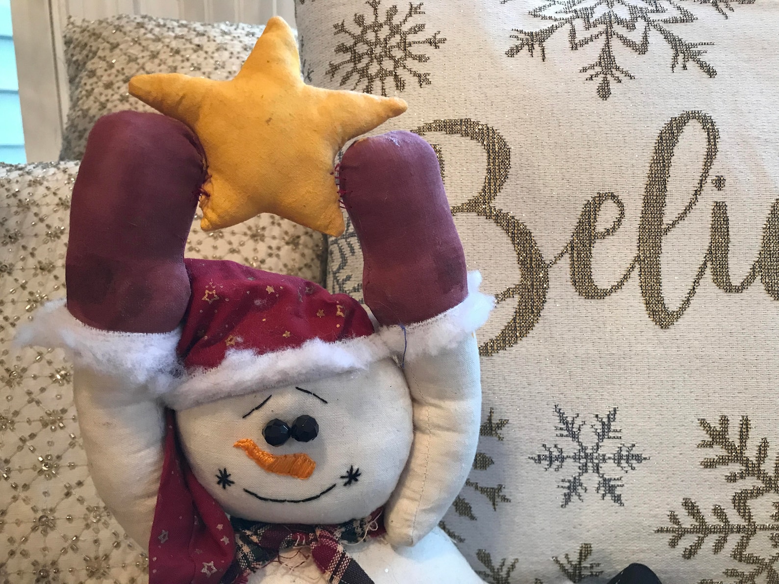 Primitive Snowman Doll Decoration, Holding S Shining Star, Believe in ...