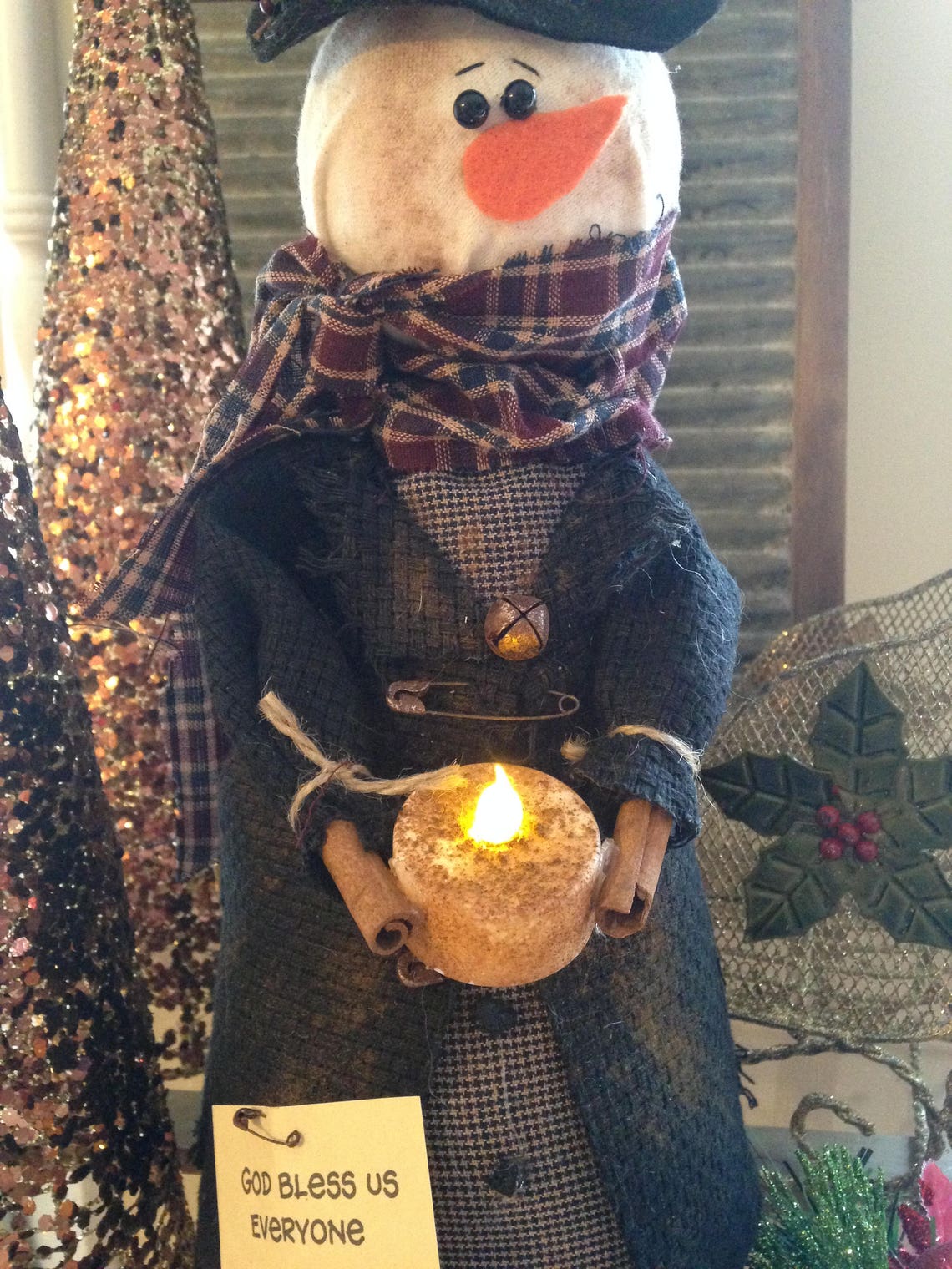 Primitive Snowman Scrooge With Battery Operated Tealight Candle, God ...