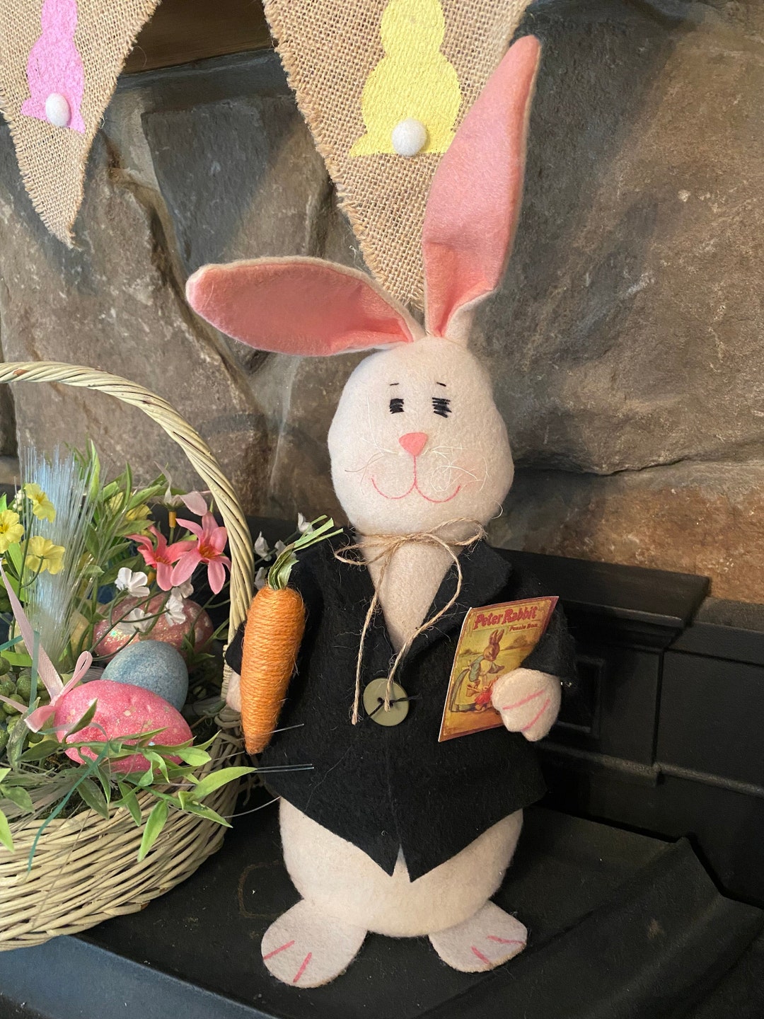 Farmhouse Easter Bunny, Primitive Bunny With Carrot and Book, Primitive ...