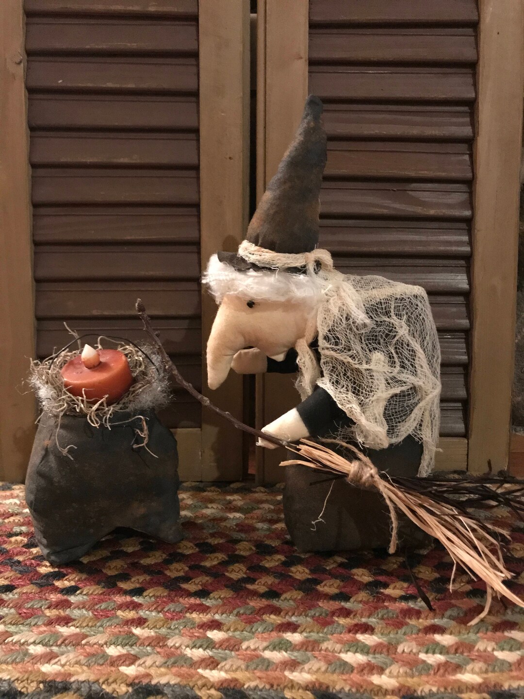 Primitive Witch Doll With Cauldron, Battery Operated Tealight, Handmade ...