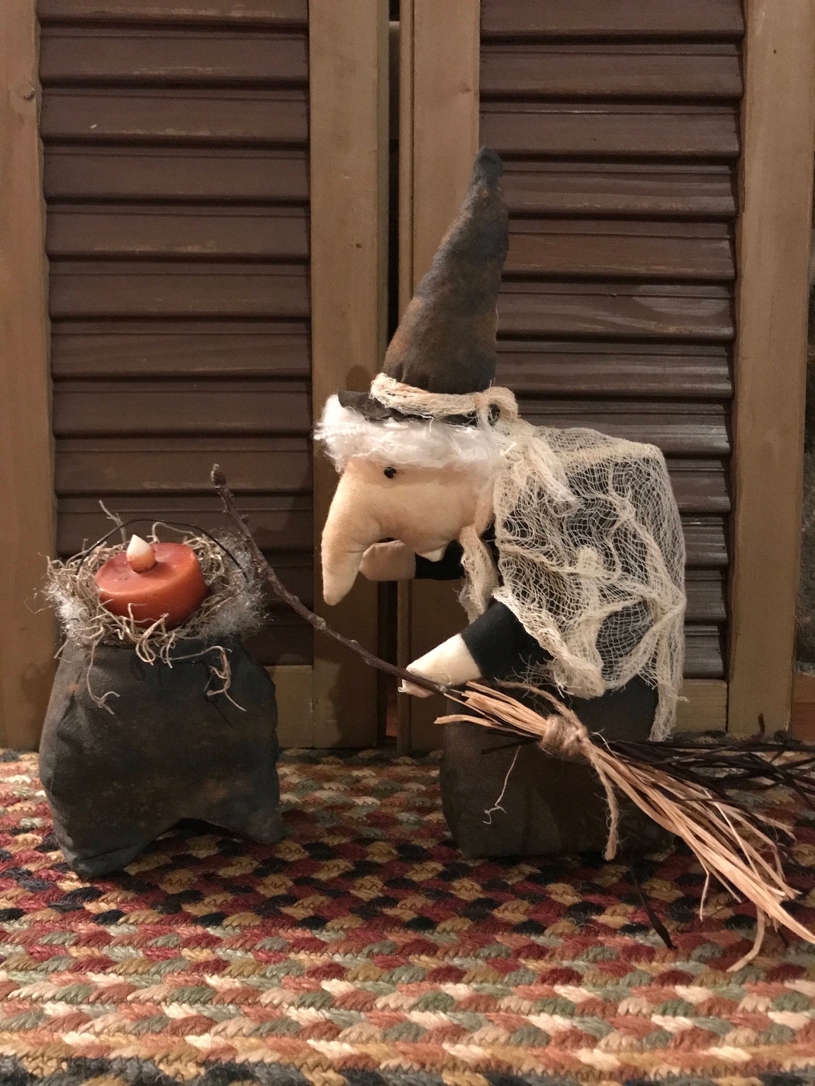 Primitive Witch Doll With Cauldron, Battery Operated Tealight, Handmade ...