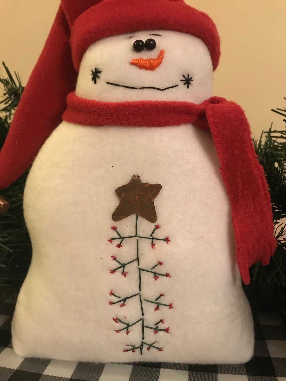 Primitive Snowman With Stitched Tree and Rusty Star, Handmade Snowman ...