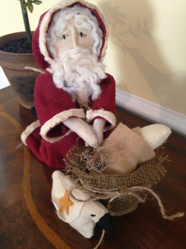 Primitive Christmas Nativity Santa With Baby Jesus and Sheep Shelf ...