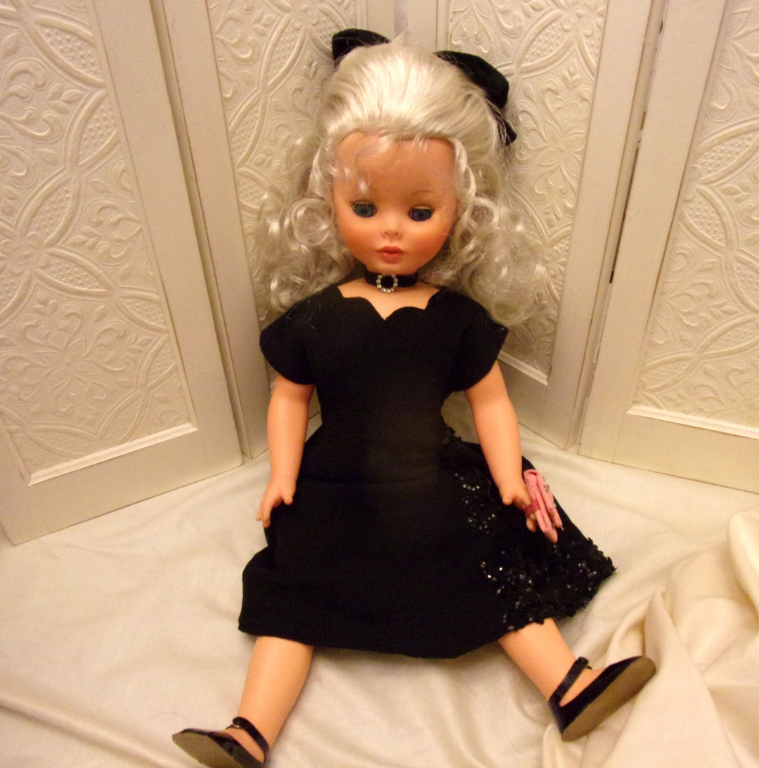 Vintage Furga Doll Vinyl Platinum Hair Blue Eyes W/ Black Dress Purse ...