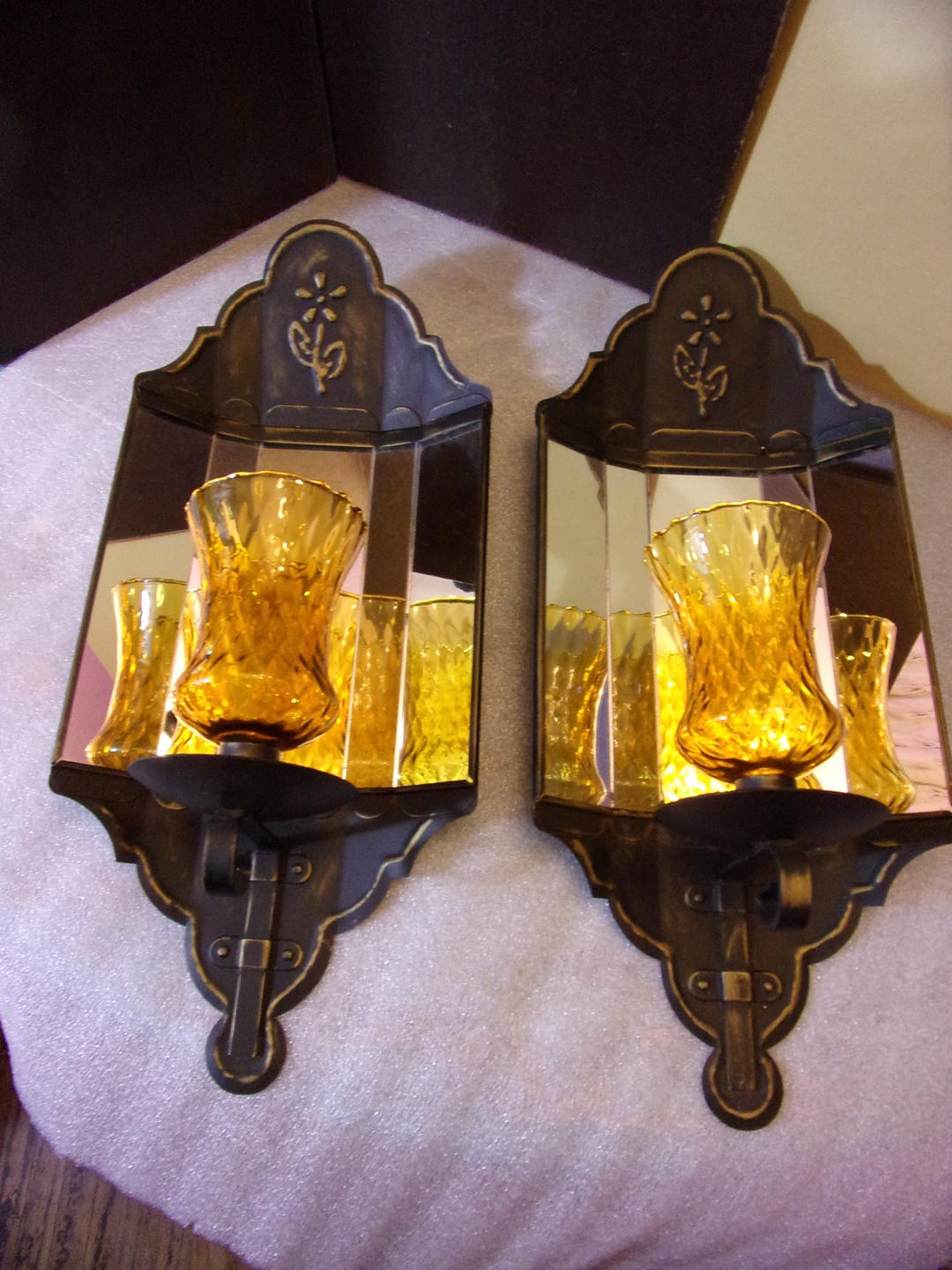 Pair Vintage Wall Sconces Black Metal W/glass Candle Cups Dark Academia ...