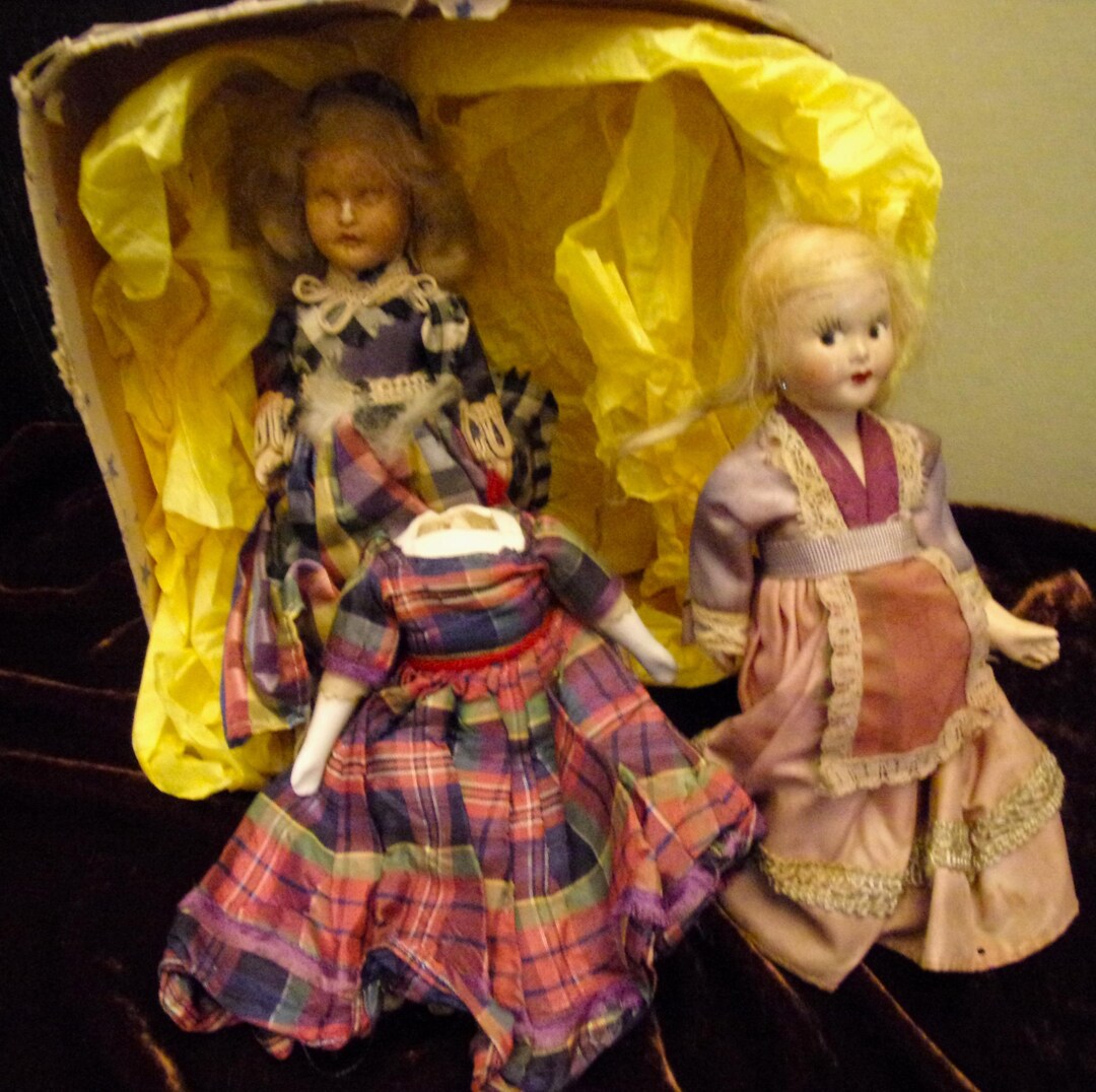 3 Creepy Antique Small Dolls in Old Box One is Headless Old Dollhouse ...