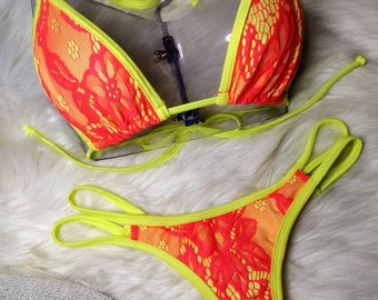 Swimsuit Lace Swimsuit Neon Green Pink Lace Bikini SALE Cynababy - Etsy
