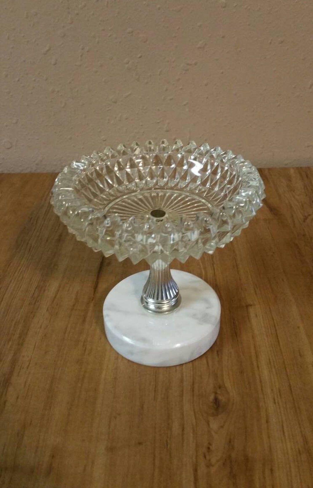 Diamond Point Glass Clear Pedestal Dish With White Marble Base, Vintage ...
