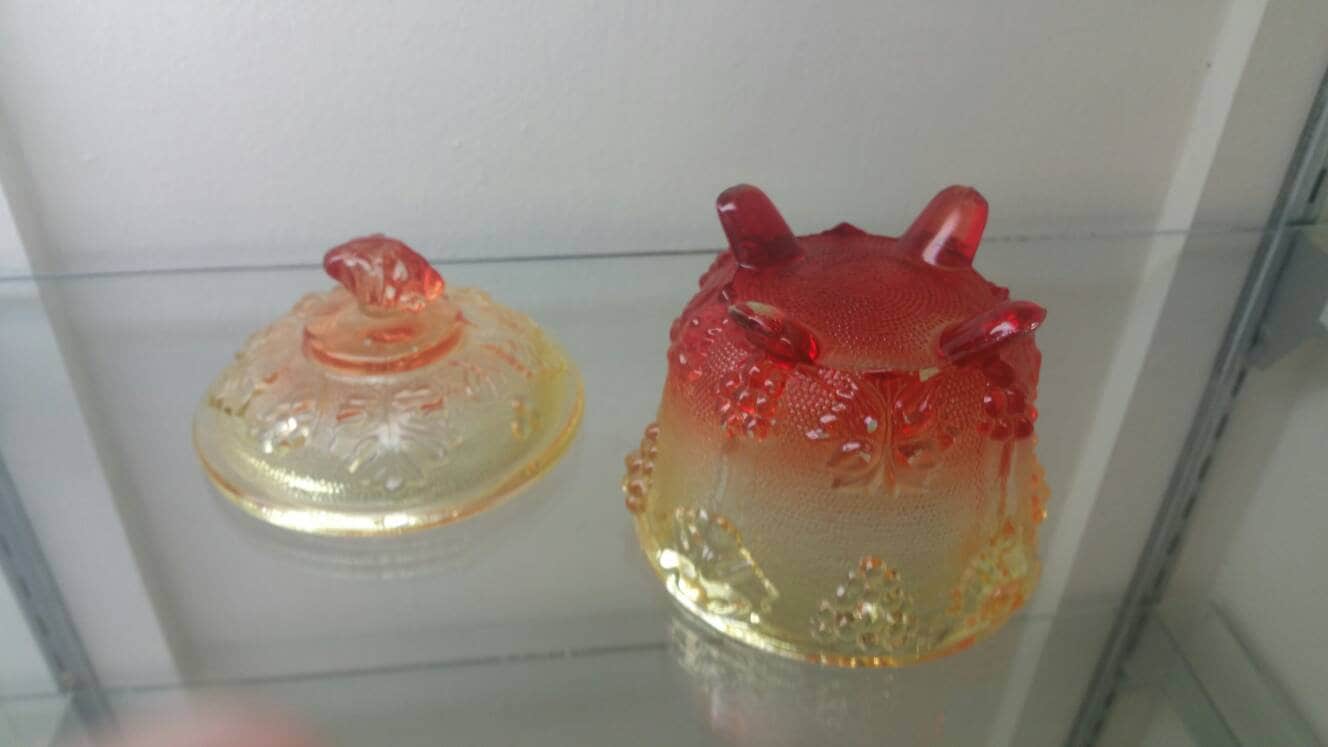 Goofus Glass, Footed Covered Bowl With Red, Pink and Yellow or Amberina ...