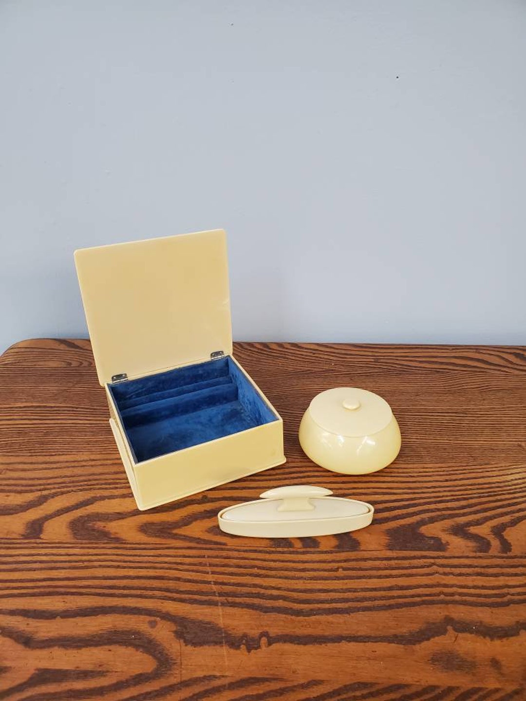Set of 3, Celluloid Yellow Jewelry Box, Buffer and Powder Box, Bakelite ...