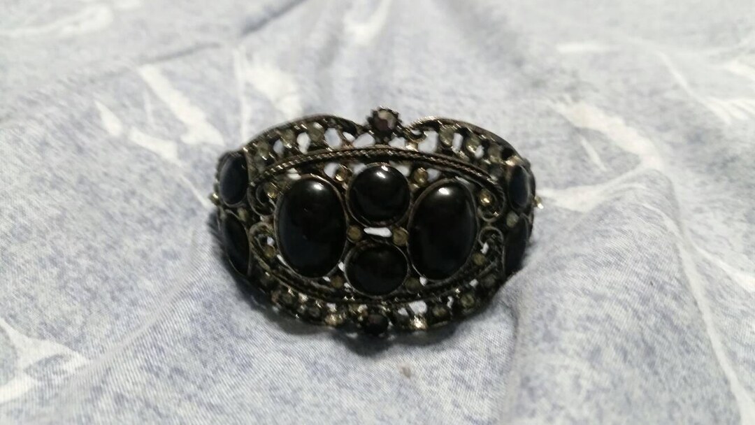 Victorian Style Spring Loaded Rhinestone and Black Silver Toned Bangle ...