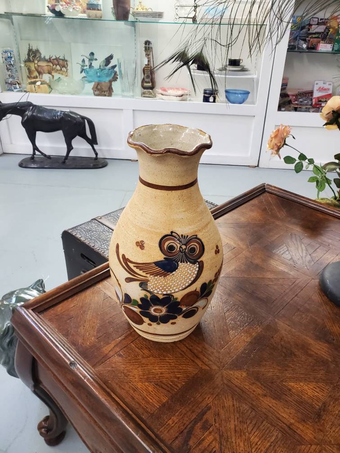 Tonala Pottery, Tall 14 Inch Sandstone Flower Vase, Beige With Blue ...