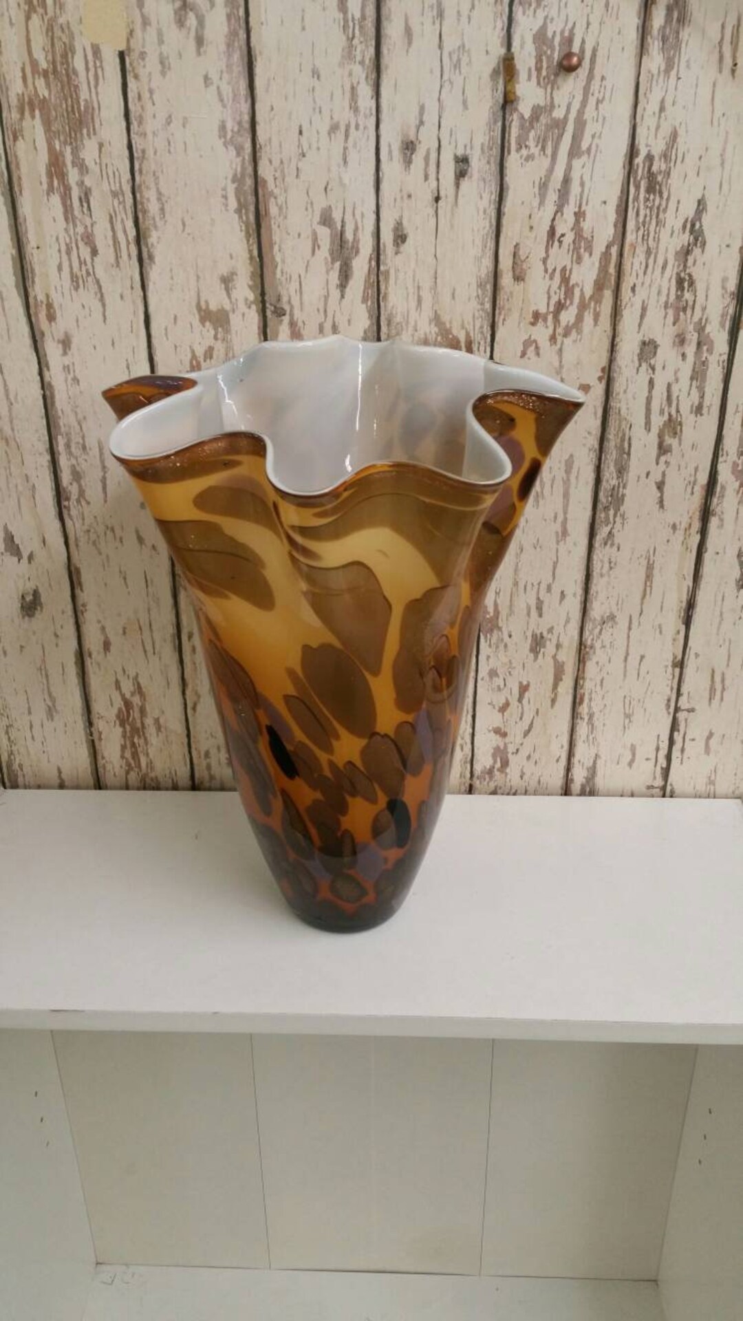 Large Hand Blown Ruffled Gold Foil and Orange Vase With White Interior ...