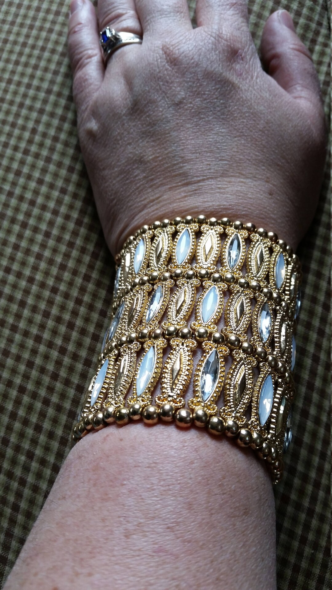 Large Wide Gold Toned Plastic Oval White Beaded Expandable Bracelet ...