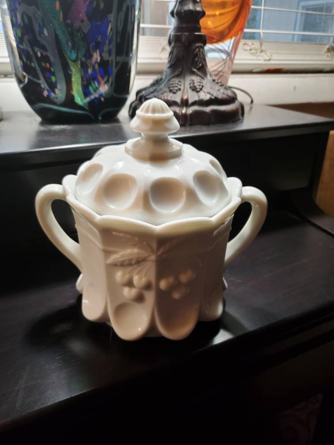 Westmoreland Milk Glass Cookie Jar, Cherry Pattern , Cherry Thumbprint ...