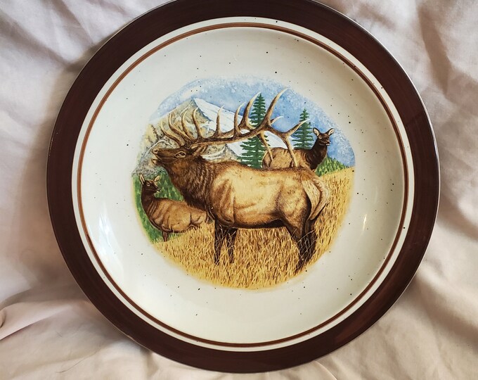 Folkcraft Stoneware, Bugling Elk, 11 Inch Dinner Plate, Brown Border ...