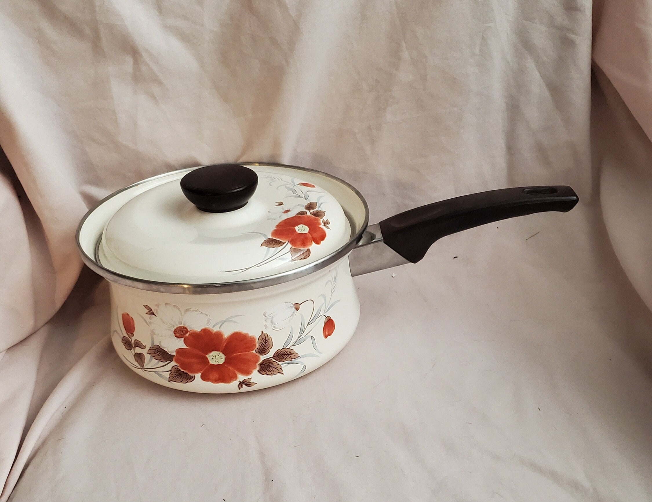 Sanko, Southern Flowers, Large Enamel Cooking Pan With Lid, Used ...