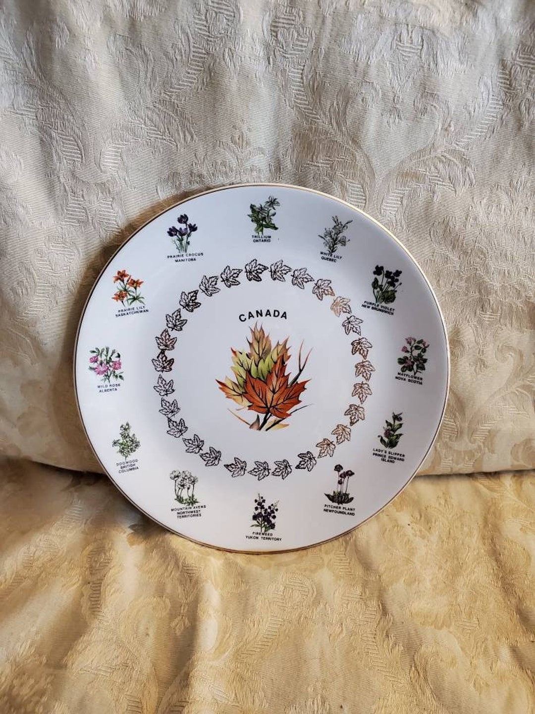 22 K Gold, the Flower Emblems of Canada, 10 Inch Gold and White Plate ...