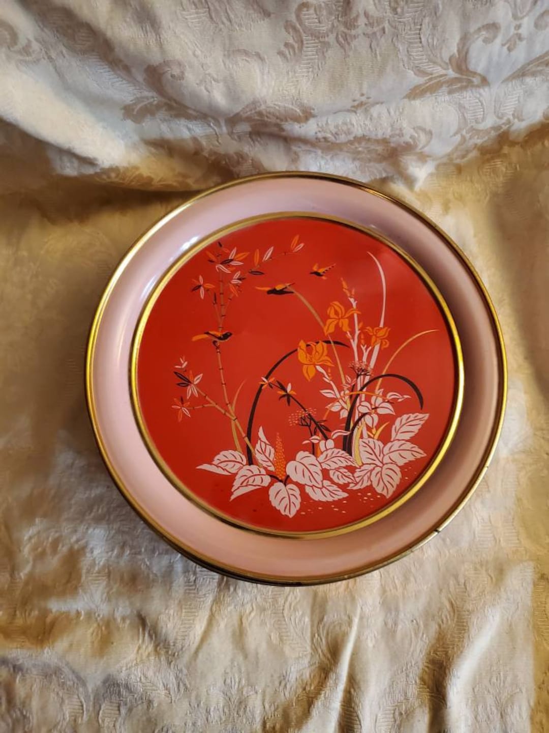 Maurice Lenell, Red and Pink Round Cookie Tin, Floral Design, Storage ...