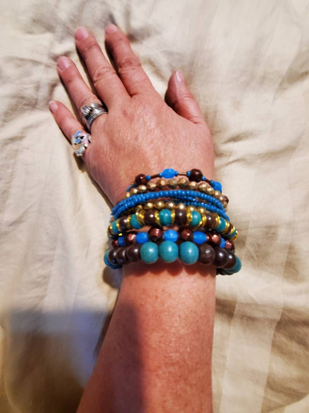Large, Brass, Turquoise Blue and Brown, Plastic Beaded, Layered Memory ...
