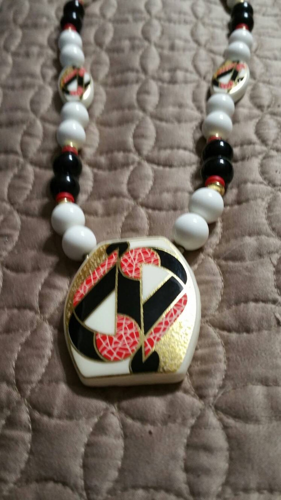 Red, Black and White Bead 22 Inch Chunky Beaded Necklace Art Deco Style ...