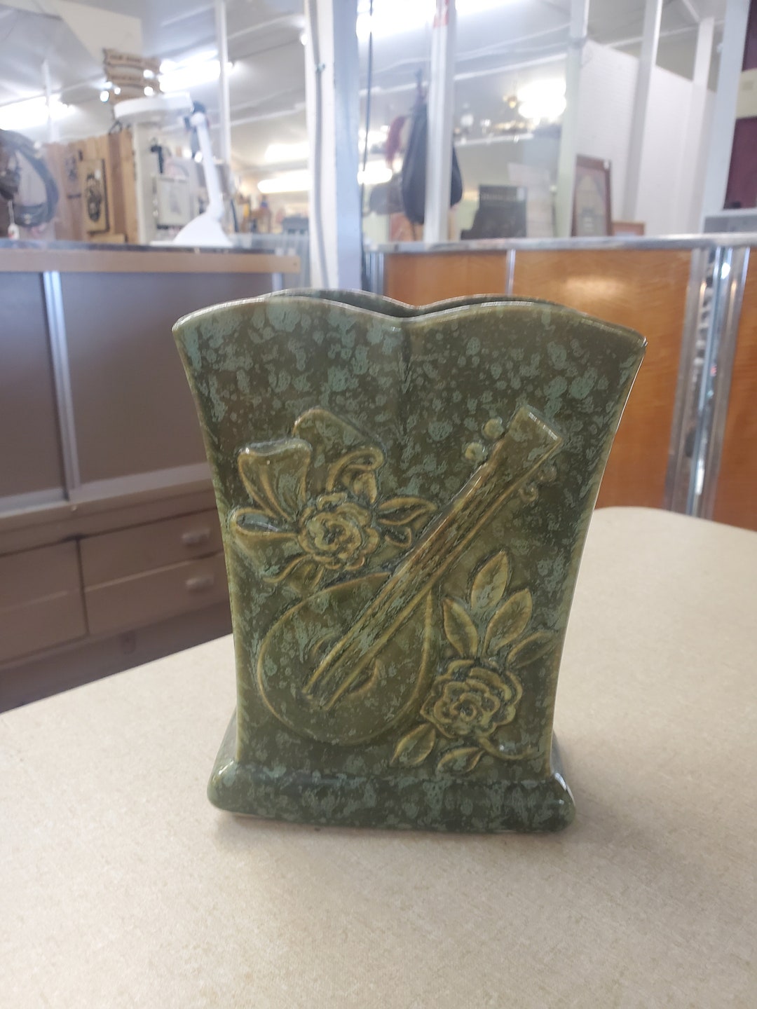 Green and Gold Pottery Rectangular Flower Vase With Lute Instrument and ...
