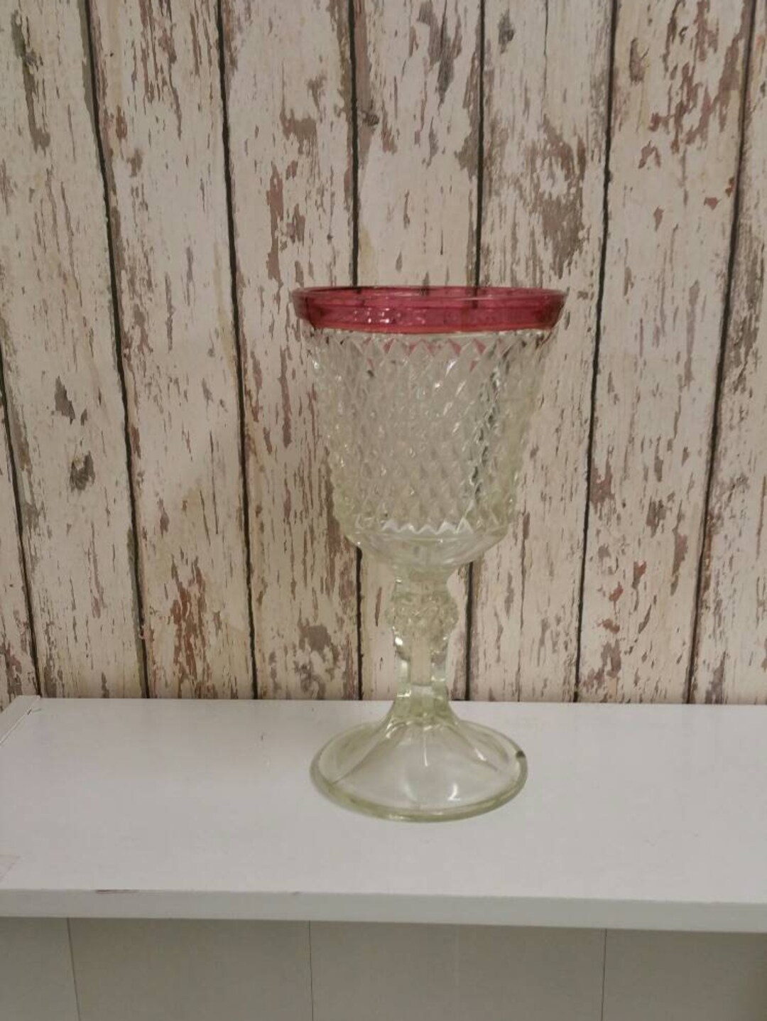 Large Indiana Glass, Red and Clear Diamond Point, Pedestal Diamond Vase ...