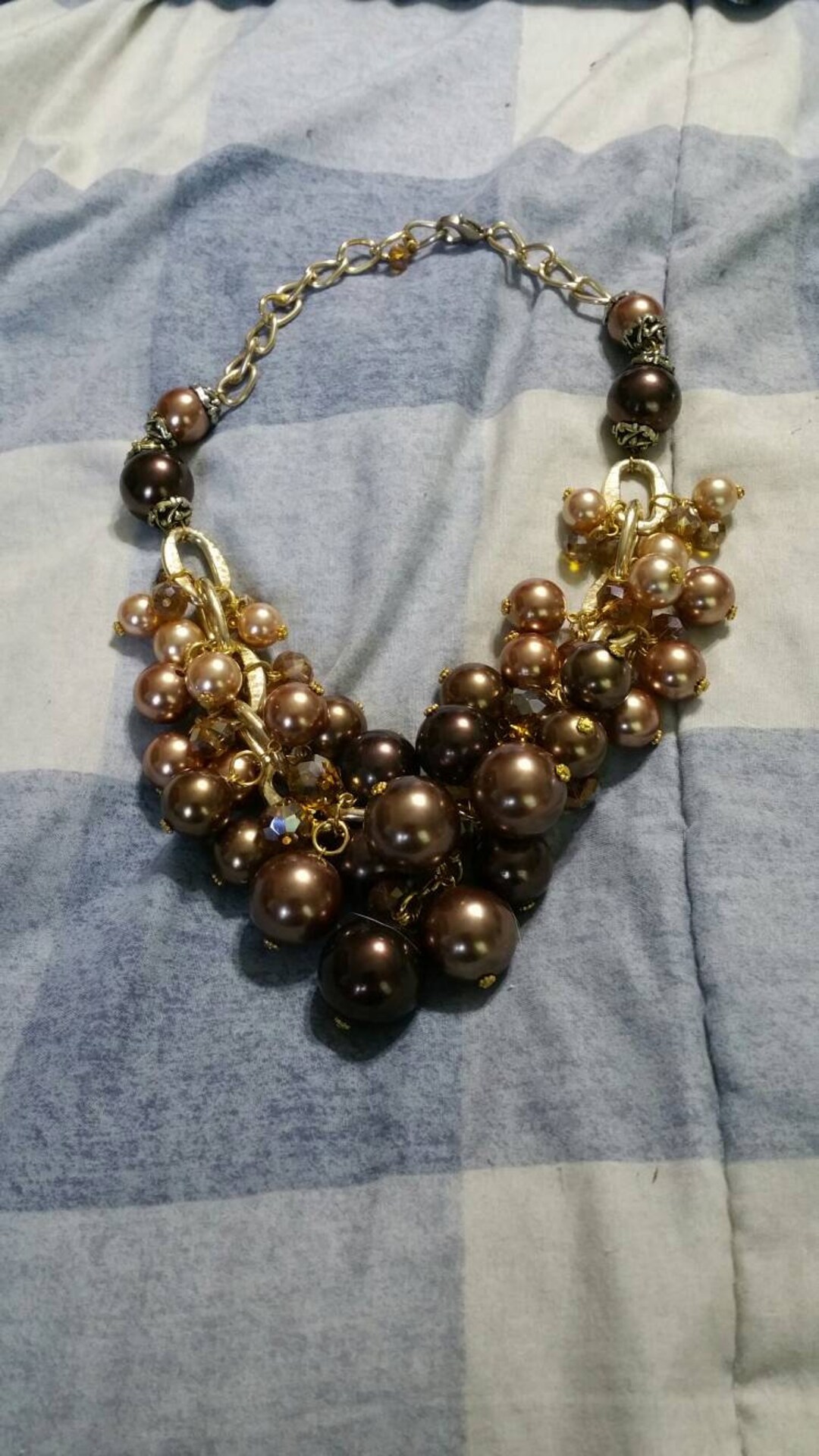 Gold Toned Chain and Faux Pearl Brown and Gold Plastic Bead Cluster ...