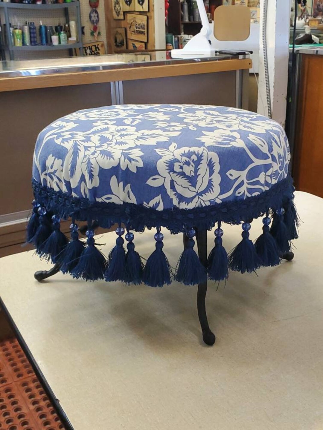 Brand New, Navy Blue and White Floral Fabric, Footstool With Blue ...