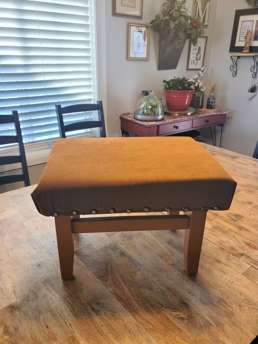 Upcycled, Suede Leather and Brown Wood, Rectangular Footstool or ...