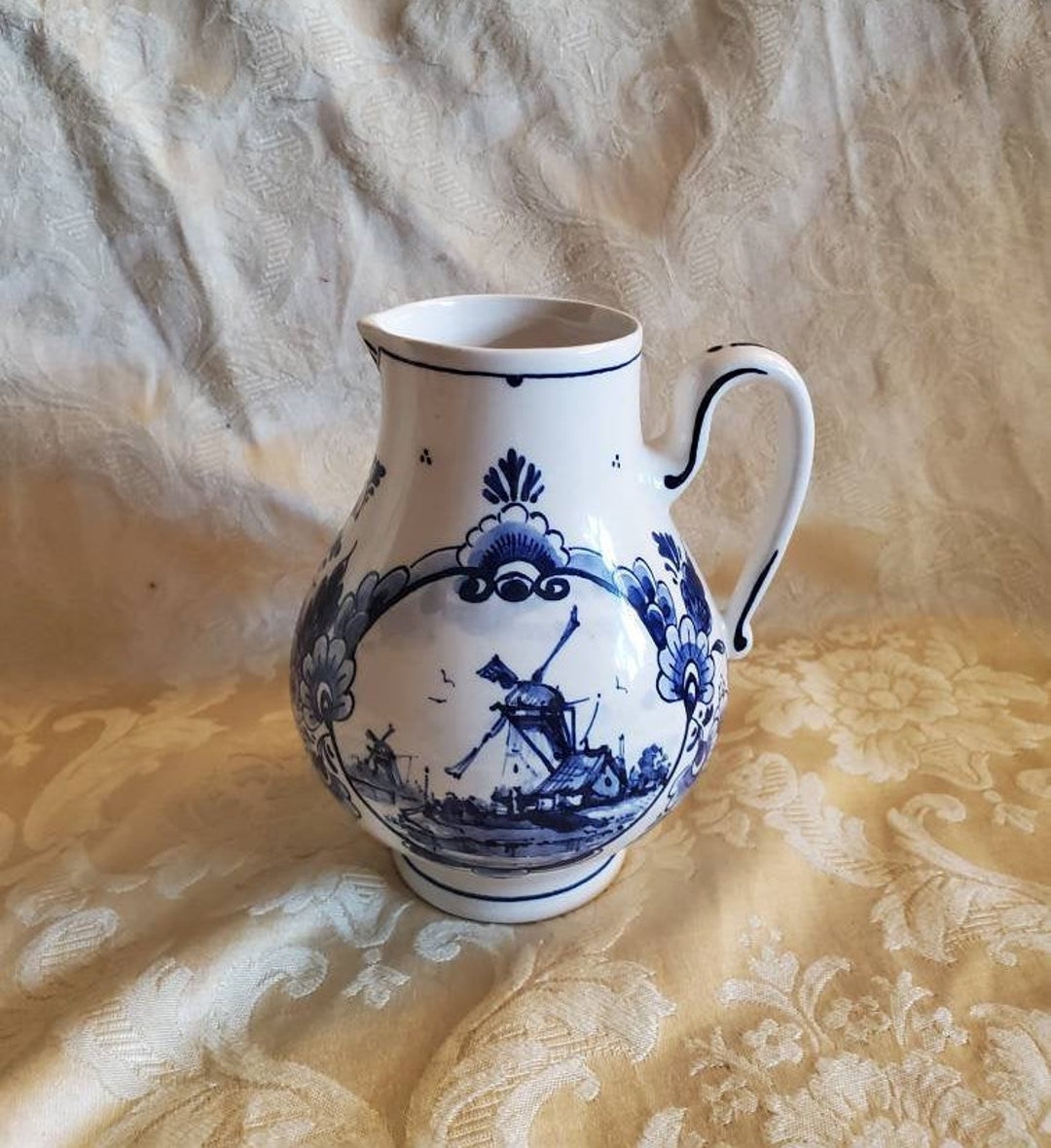 D.P. Delft Blue, Made in Holland, Handwork, Ball Pitcher With Windmill ...