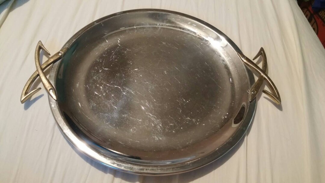 Kromex Large Round 13 Inch Serving Tray With Brass Handles Modern Style ...