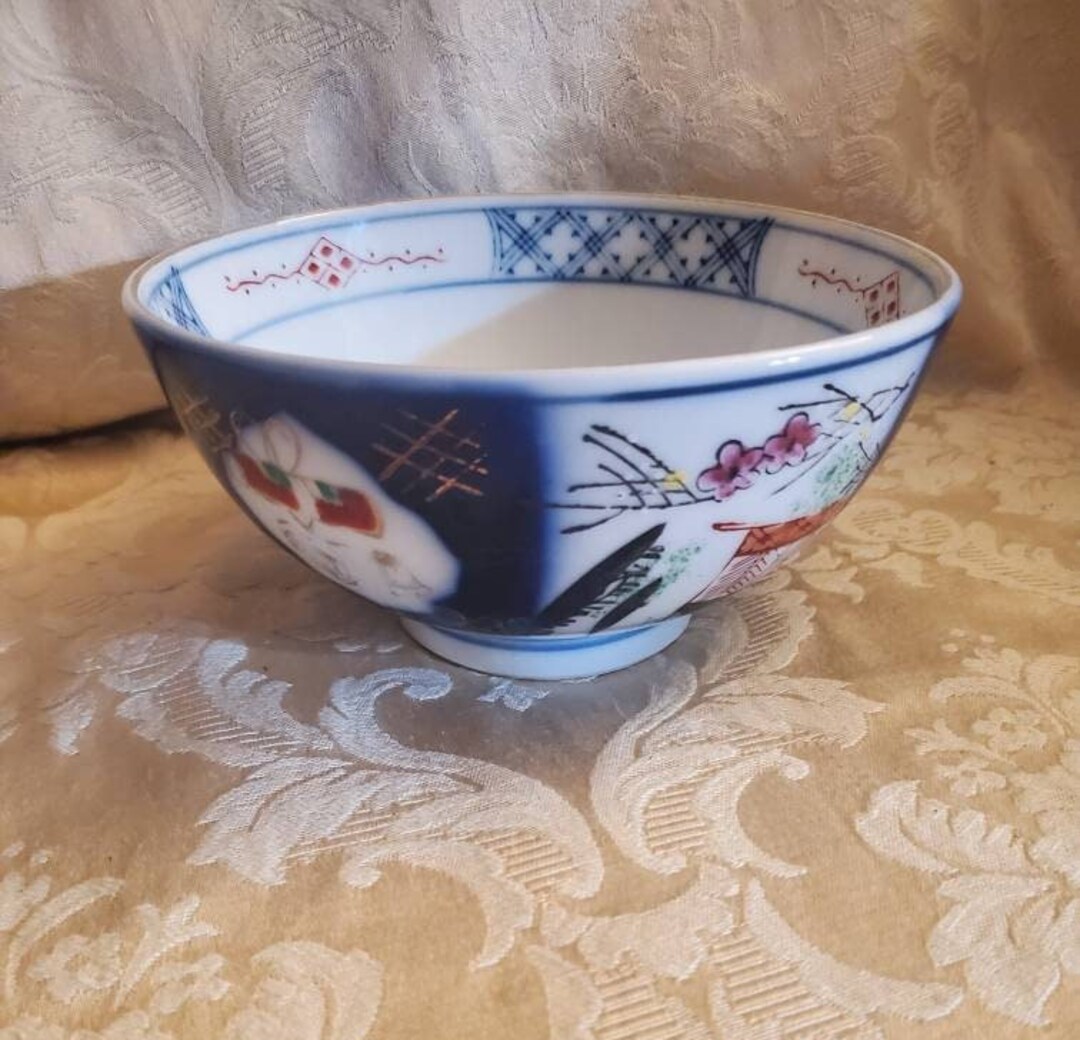 Made in Japan, Red and Blue, Porcelain Footed Rice or Soup Bowl, Gold ...