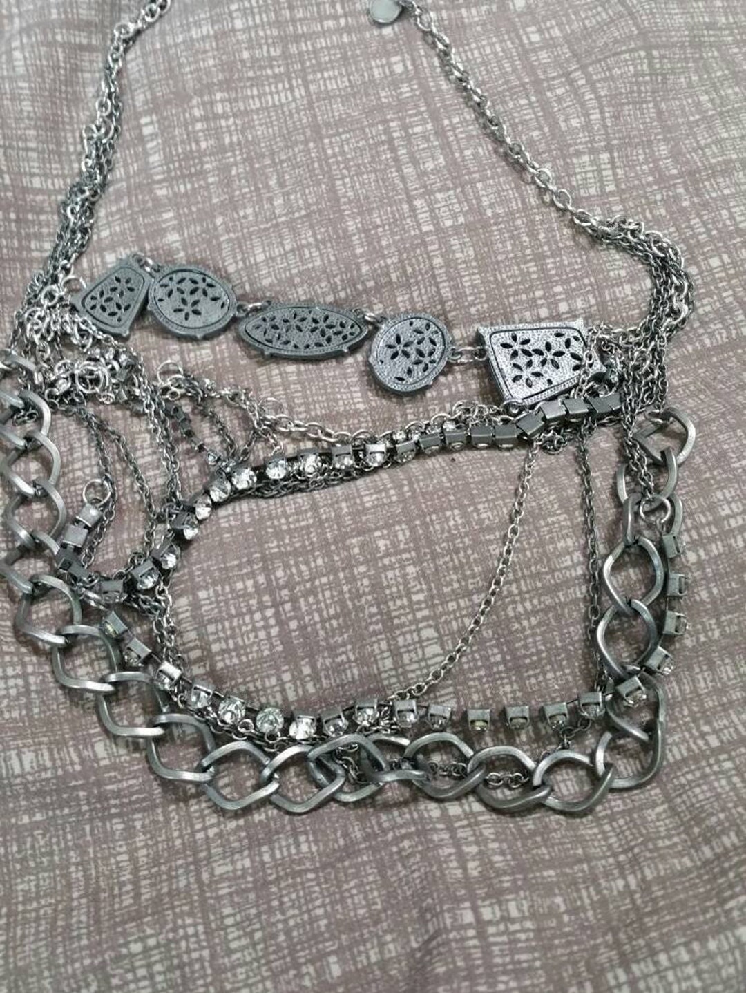 9 Strand, Black and Silver Toned, 26 Inch Necklace, Black Rhinestone ...