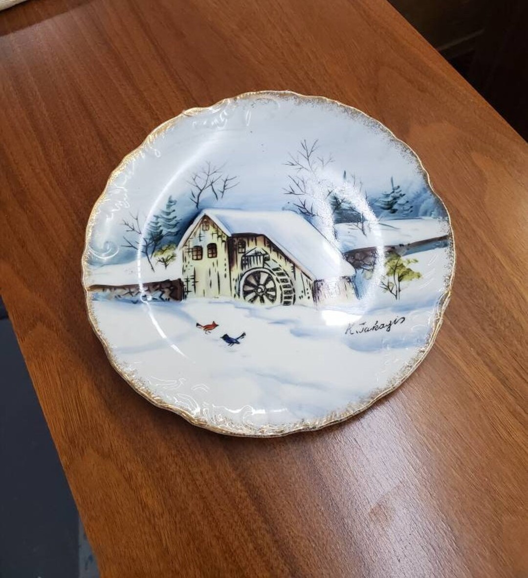 Early 1900s, 8.40 Inch Gold Rim Porcelain Plate With Waterwheel Winter ...