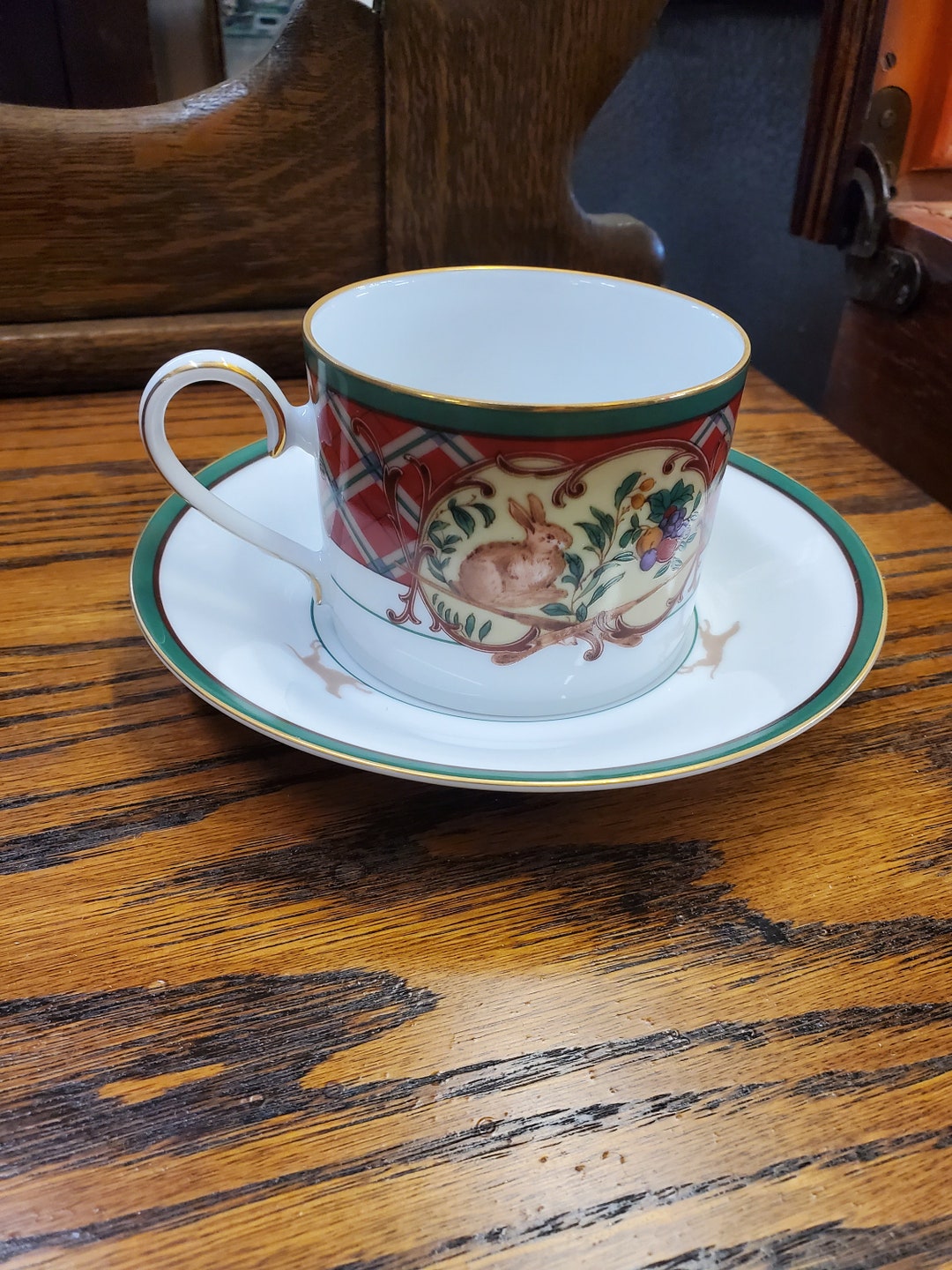Noritake Royal Hunt, Flat Cup and Saucer Set, Green Band, Fruit ...